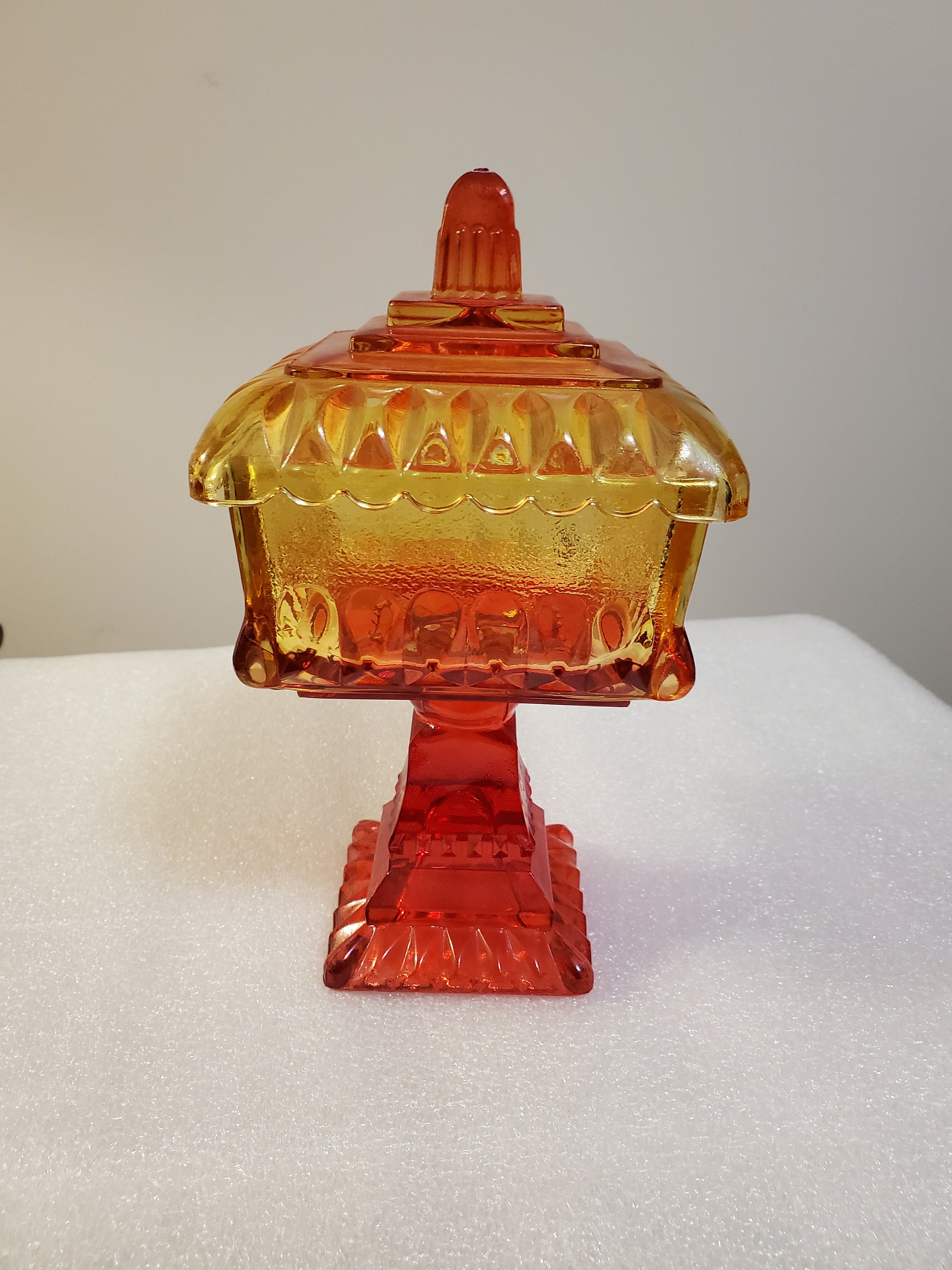 Vintage Jeanette Amberina Glass Wedding Cake Box Glass Pedestal Dish ...