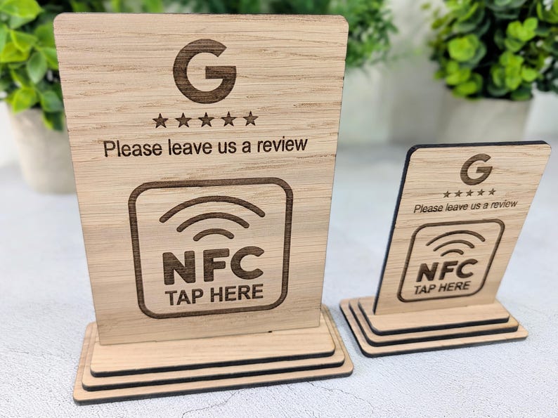 NFC Google Review Sign – Oak Veneered Business Review Display, Tap to ...