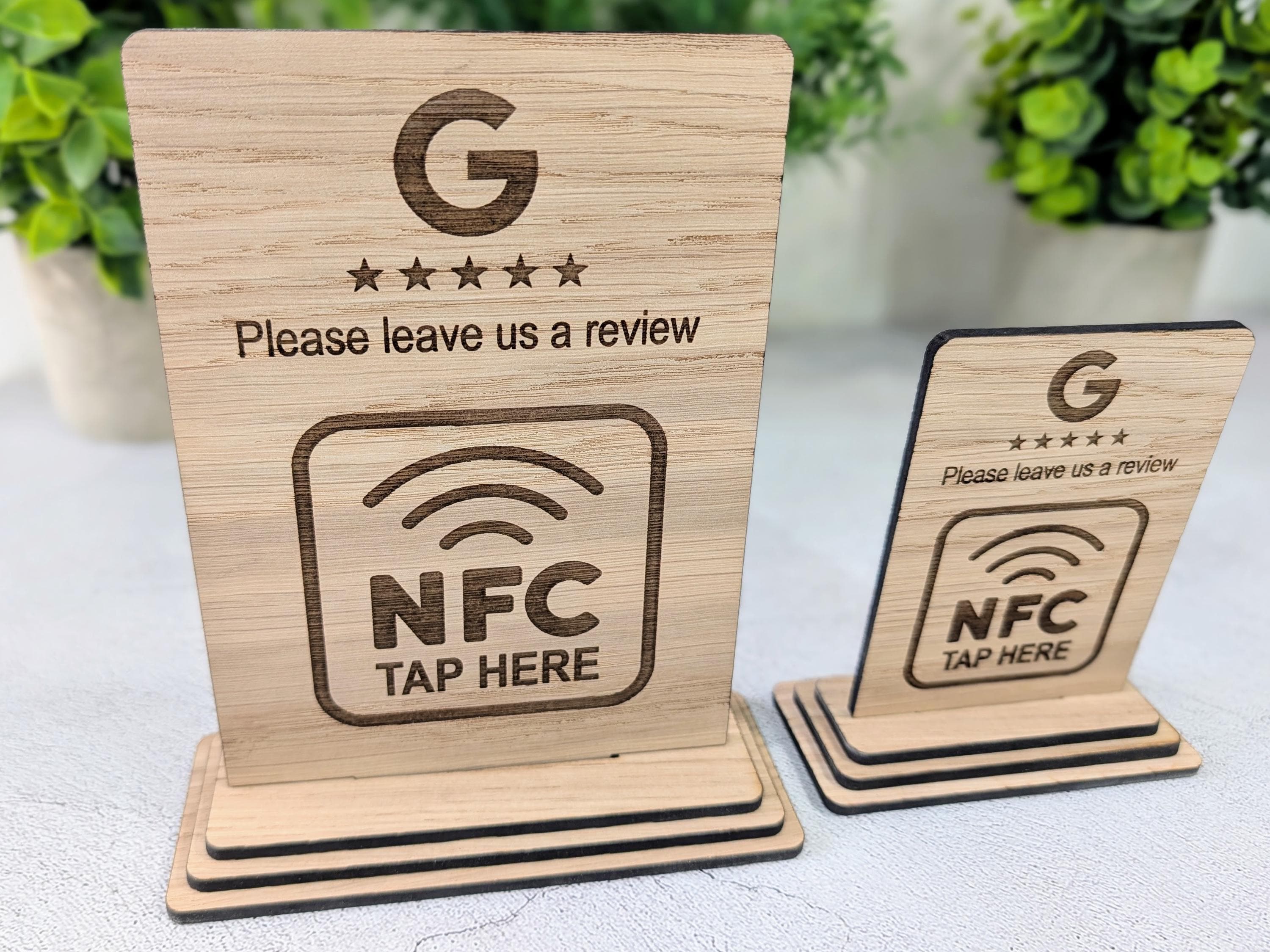 NFC Google Review Sign – Oak Veneered Business Review Display, Tap to ...