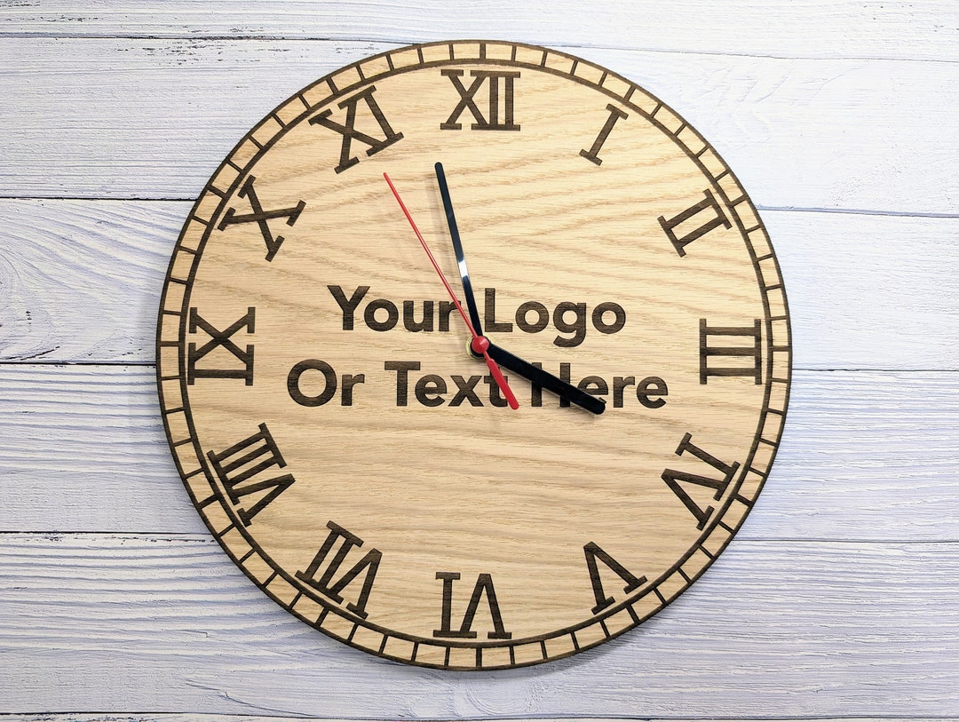 Custom Engraved Oak Veneer Clock: Personalised Text & Logo (30cm) - Etsy UK