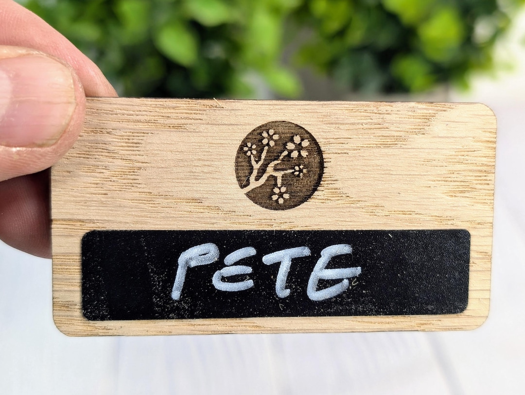 Reusable Wooden Name Badge With Wipeable Blackboard – Custom Logo & Eco ...