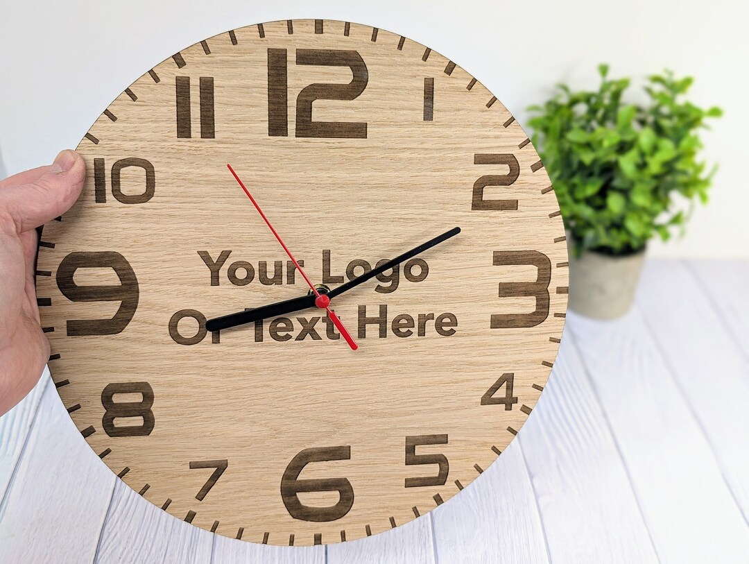 Bespoke Engraved Wooden Clock - Personalised Text & Logo - Personalised ...
