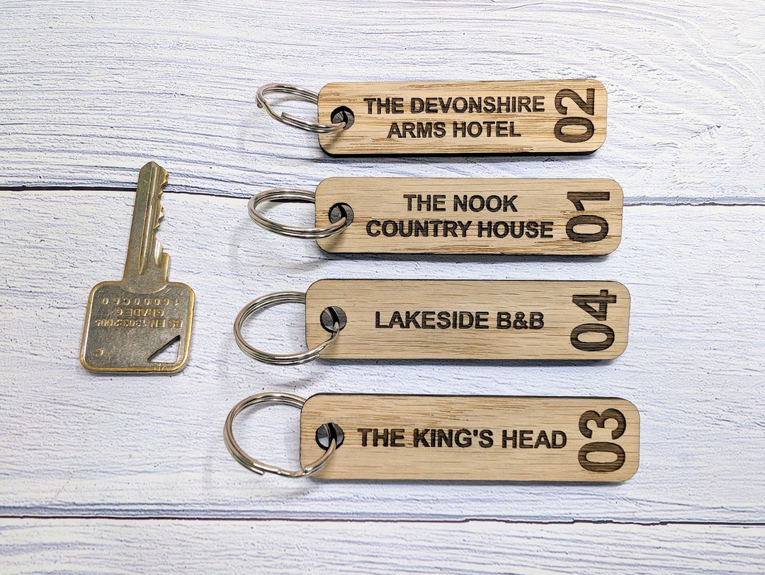 Personalised Hotel Room Number Wooden Keyrings, 80 X 20mm, With Hotel ...