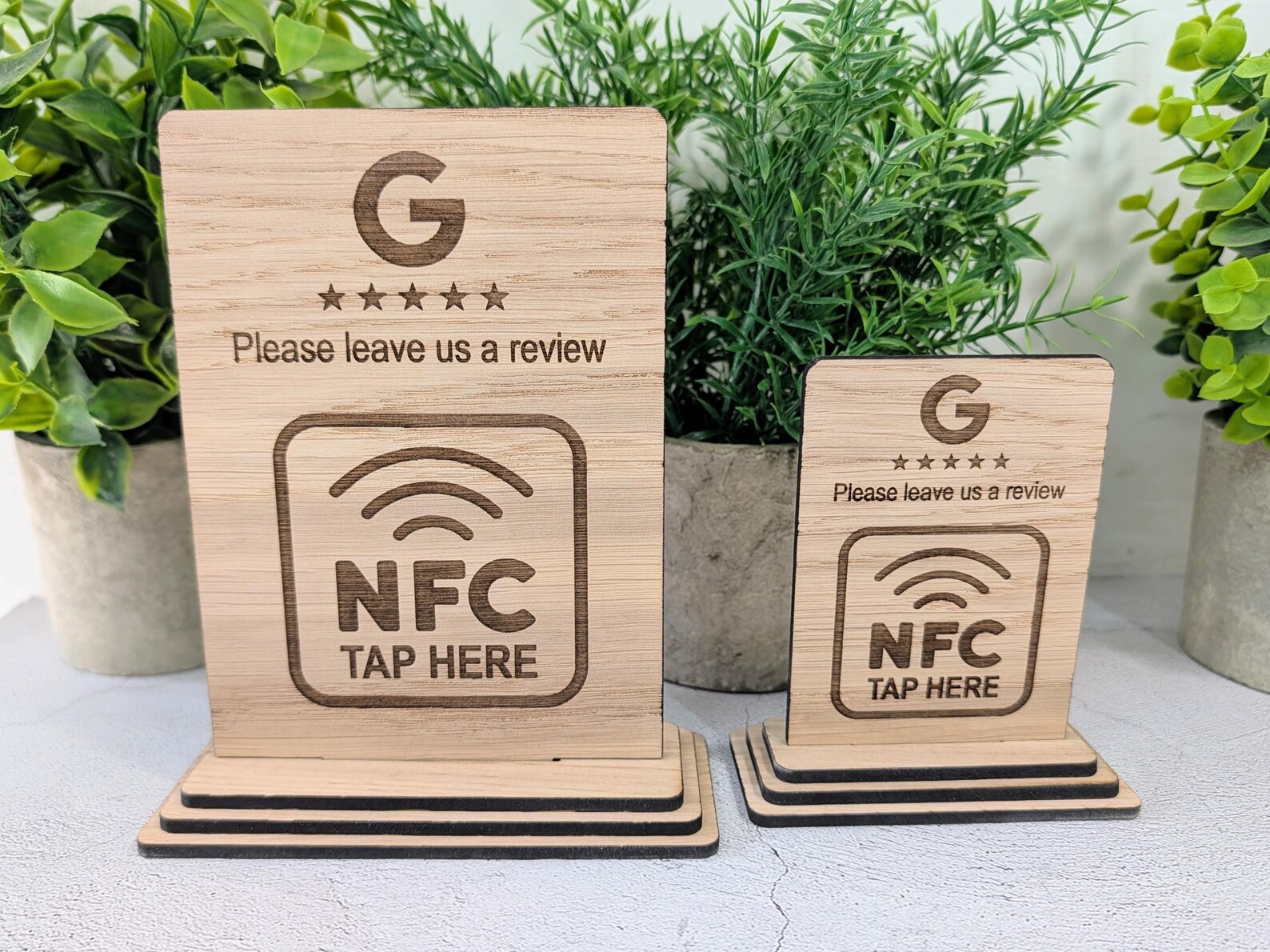 NFC Google Review Sign – Oak Veneered Business Review Display, Tap to ...