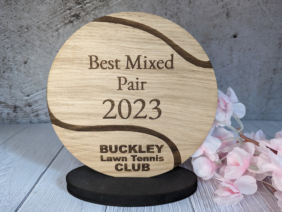 Personalised Wooden Tennis Trophies | Tennis Ball Shaped Award for ...