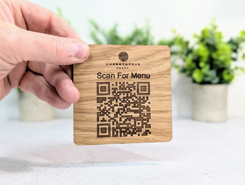 Custom QR Code Menu Coaster With Logo – Oak Veneer Engraved “scan for ...