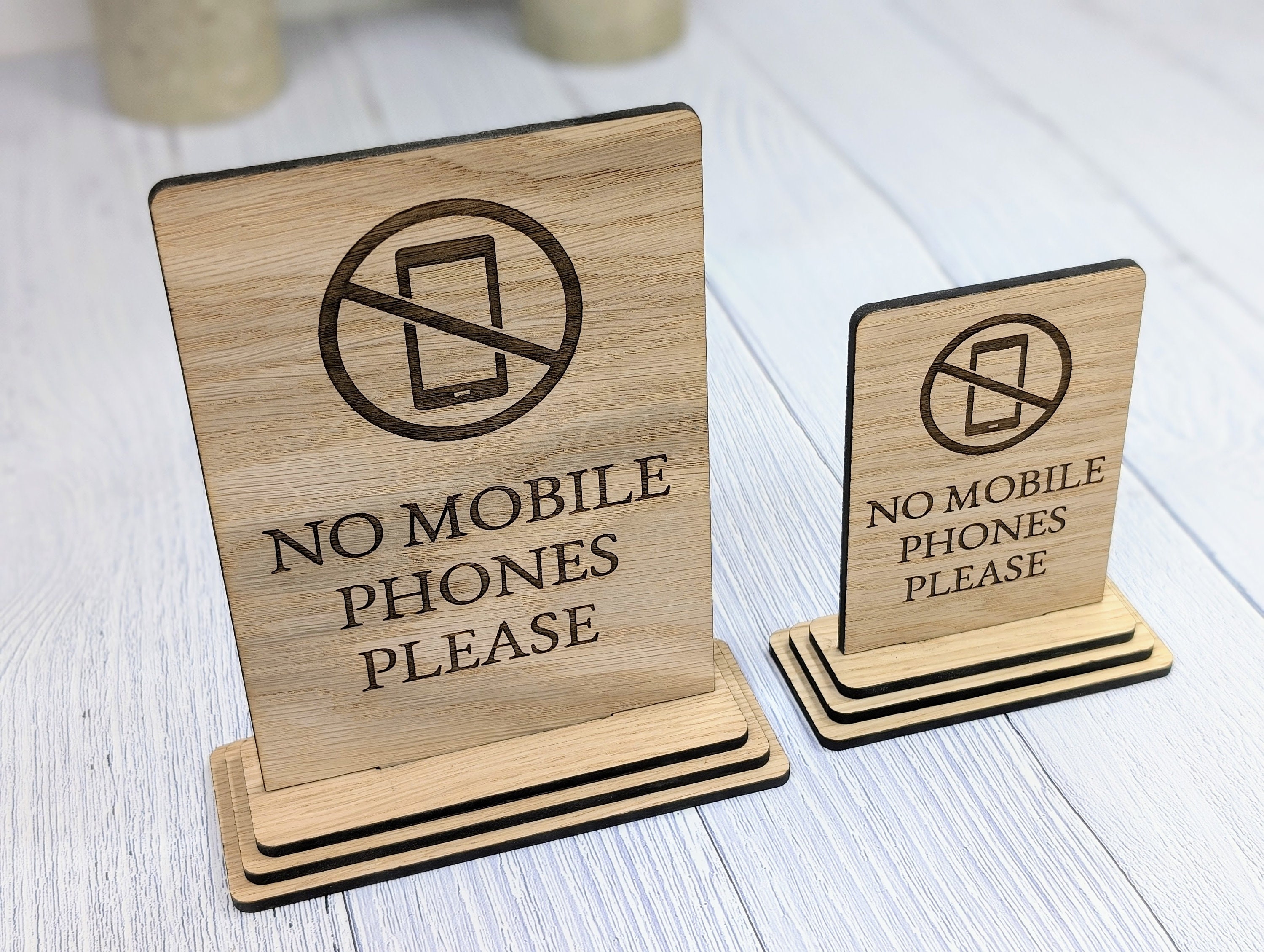 Freestanding "no Mobile Phones Please" Wooden Table Sign, Oak Finish ...