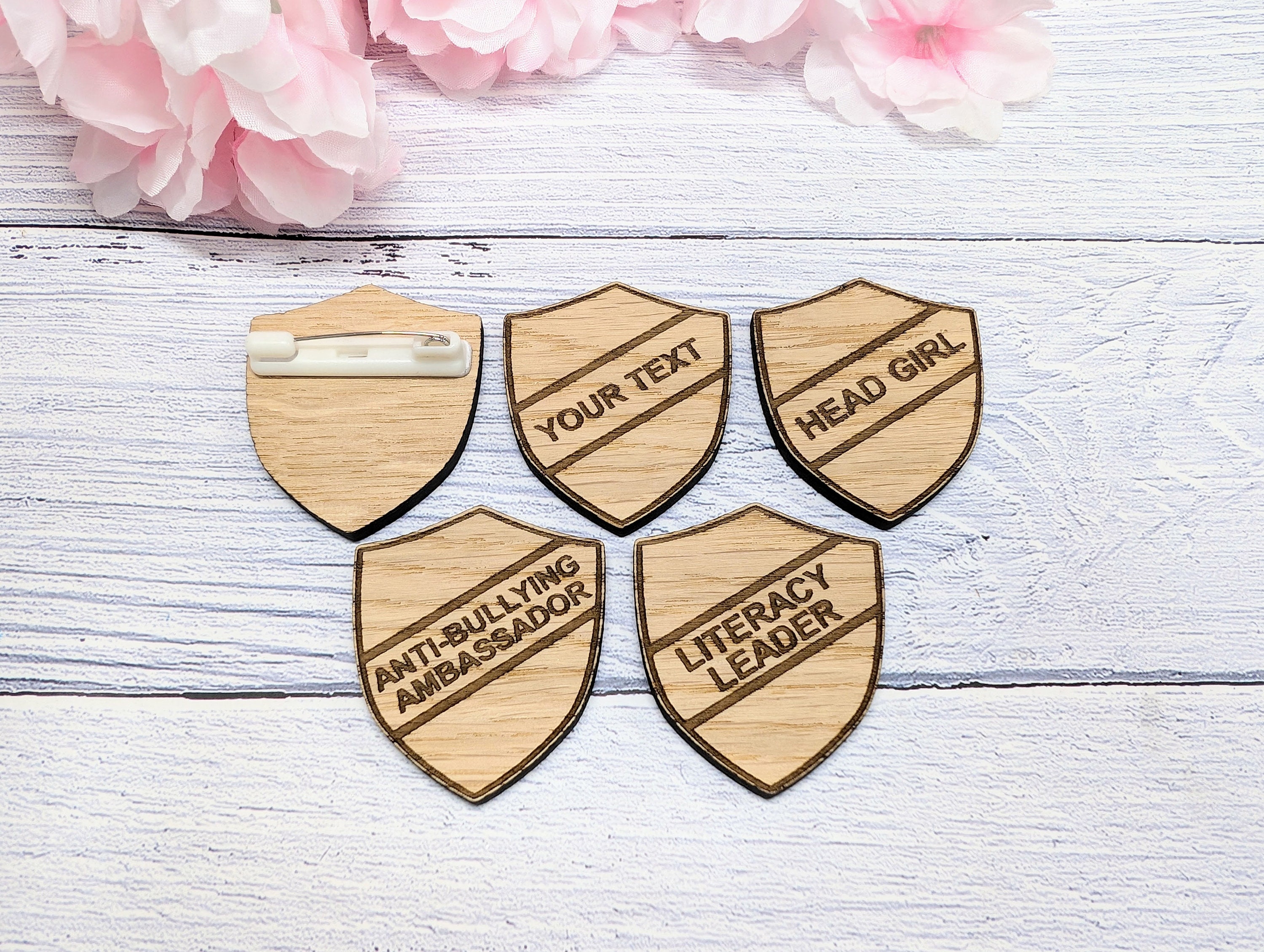 Small Oak Veneered School Badges: Custom Education Pins (40x48mm) - Etsy