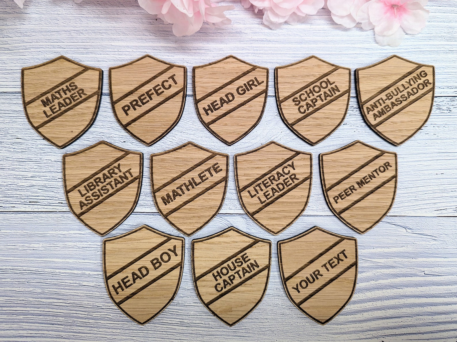 School Achievement Badges - 55x65mm - Oak Veneered MDF - Pin or Pin ...