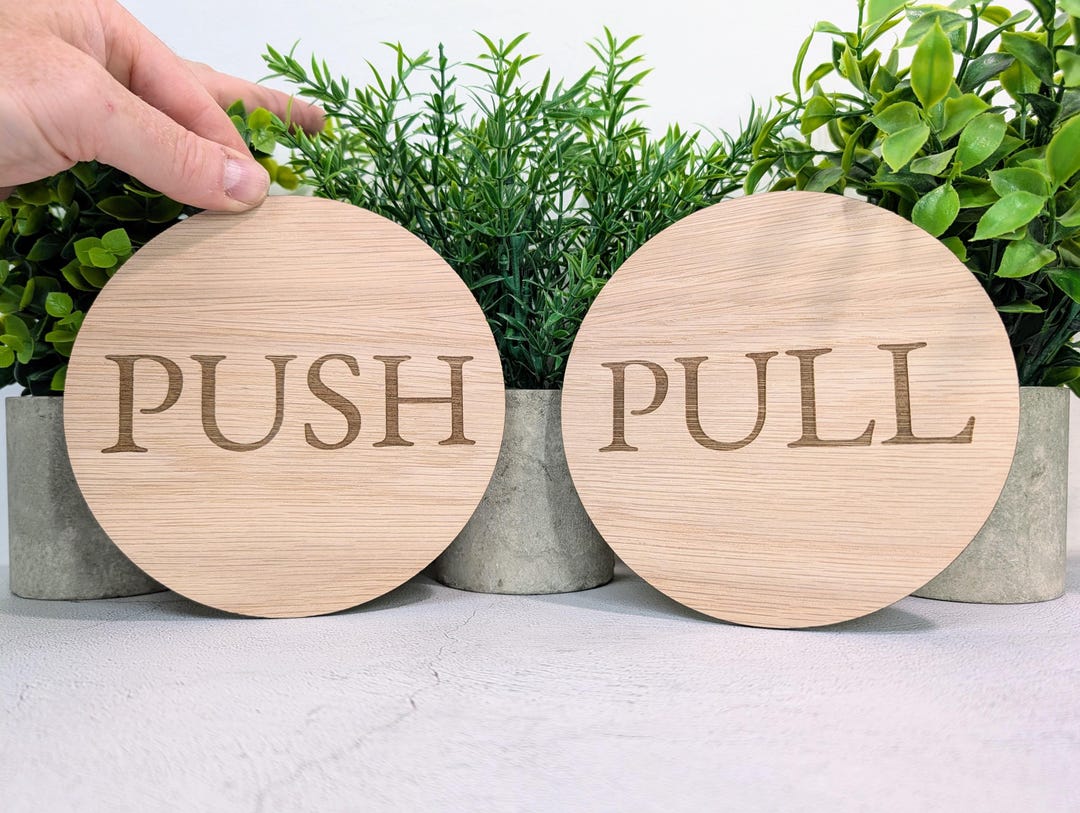 PUSH & PULL Door Sign Set – Circular Oak Veneered Wooden Signs for ...