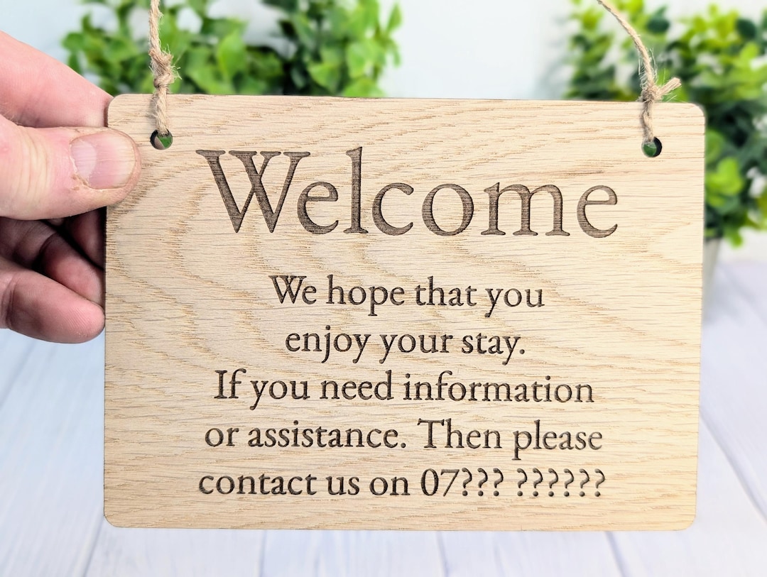 Welcome, We Hope You Enjoy Your Stay | Guest Contact Info Sign | Wooden ...