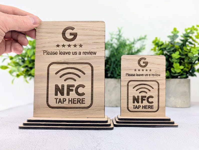 NFC Google Review Sign – Oak Veneered Business Review Display, Tap to ...