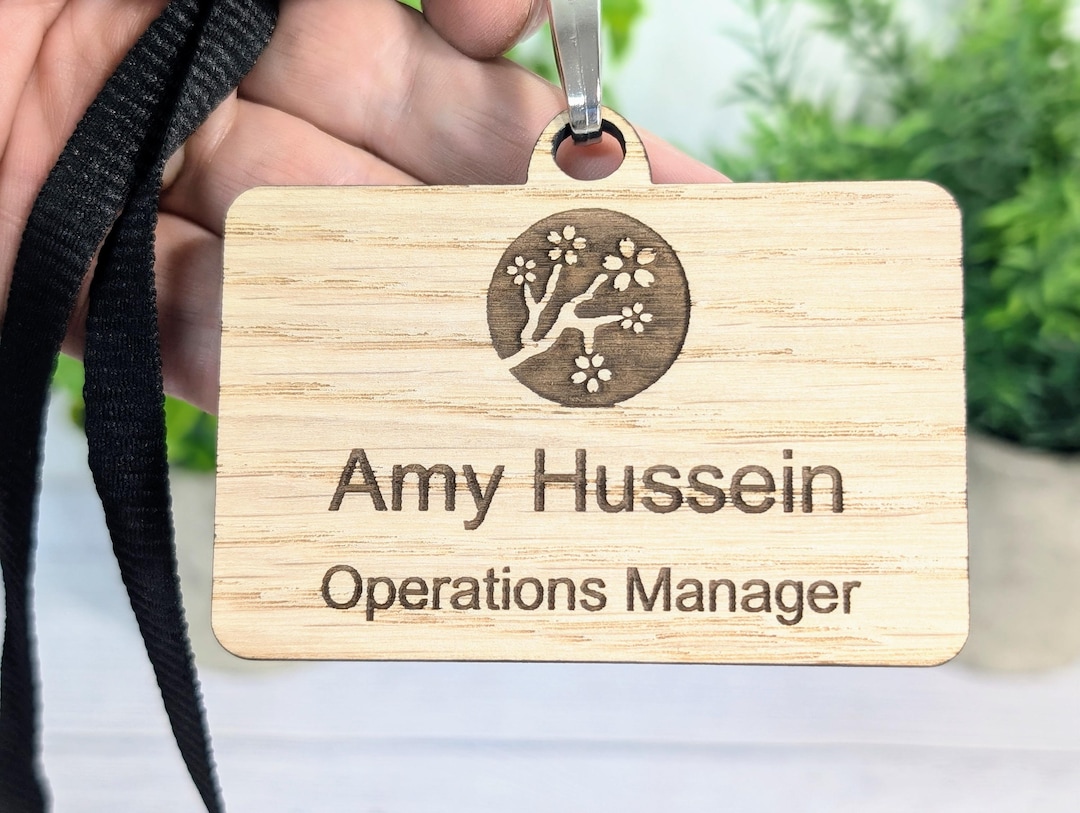 Eco Staff Name Badges With Lanyards, Personalised Oak Veneer Staff Name ...