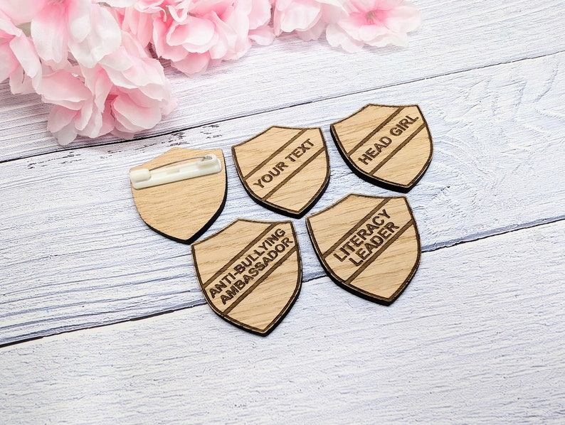 Buy Small Oak Veneered School Badges: Custom Education Pins (40x48mm ...