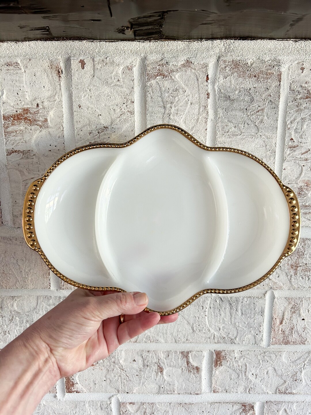 Vintage Fire King Milk Glass Veggie Tray, Gold Rimmed Milk Glass ...