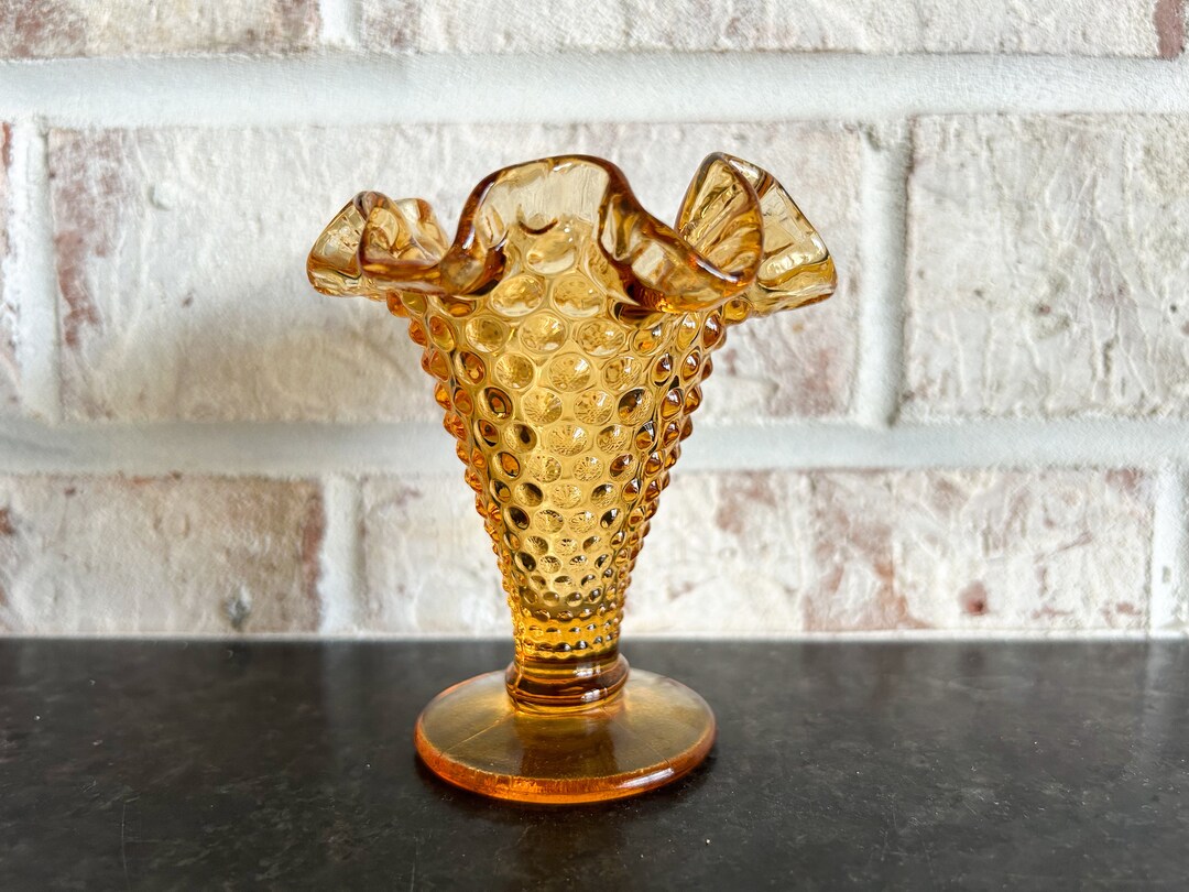 Amber Depression Glass, Amber Hobnail Trumpet Vase, Fenton Style Vase ...