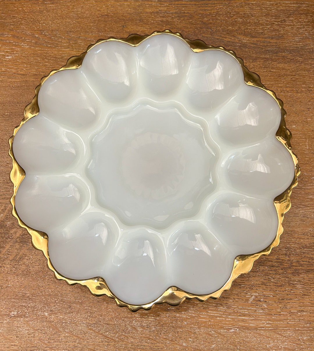 Vintage Milk Glass Deviled Egg Tray | Gold Edged Milk Glass Egg Tray ...
