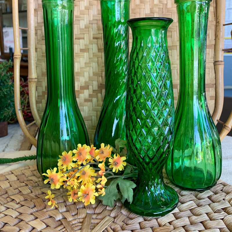Vintage Green Glass Vase - Etsy