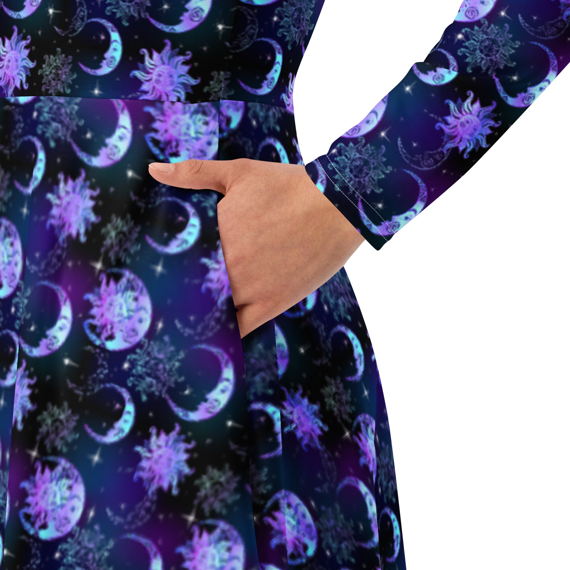 Celestial Long Sleeve Midi Dress With Pockets, Witchy Dress, Sun Moon ...