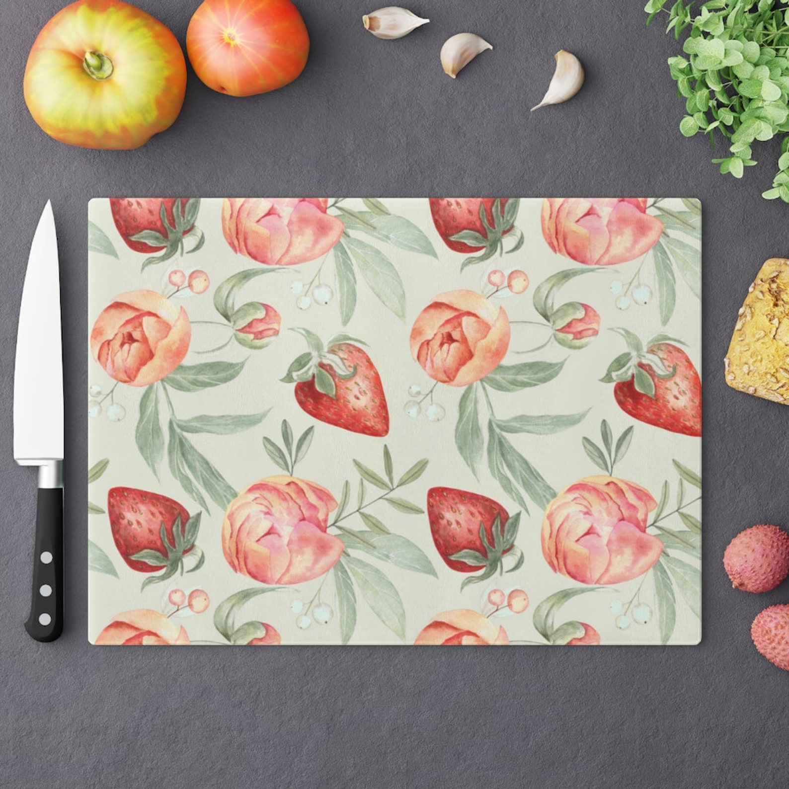 Strawberry and Floral Glass Cutting Board Cottagecore Home - Etsy
