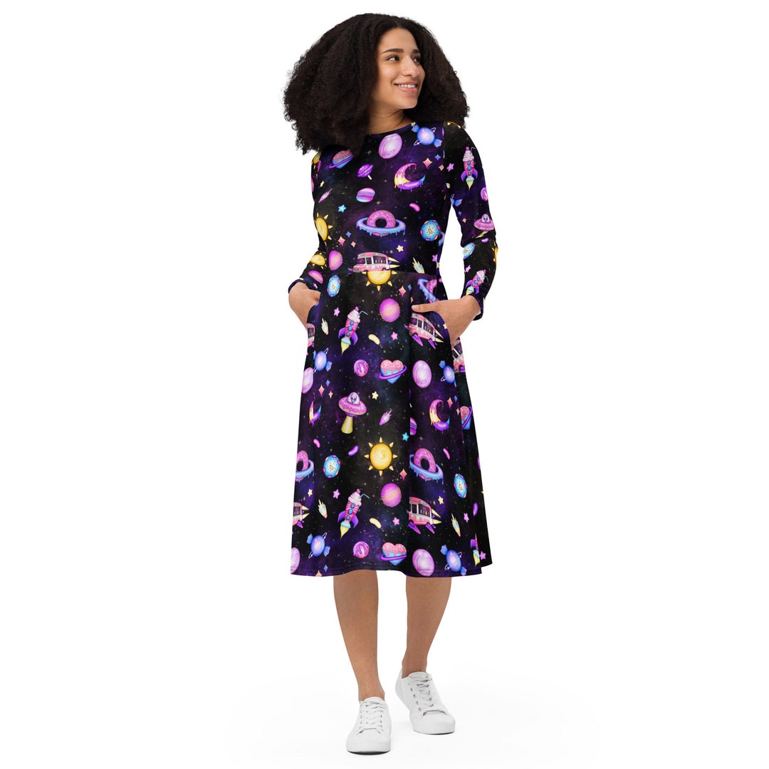 Space Goth Long Sleeve Midi Dress With Pockets, Kawaii Goth Women's ...