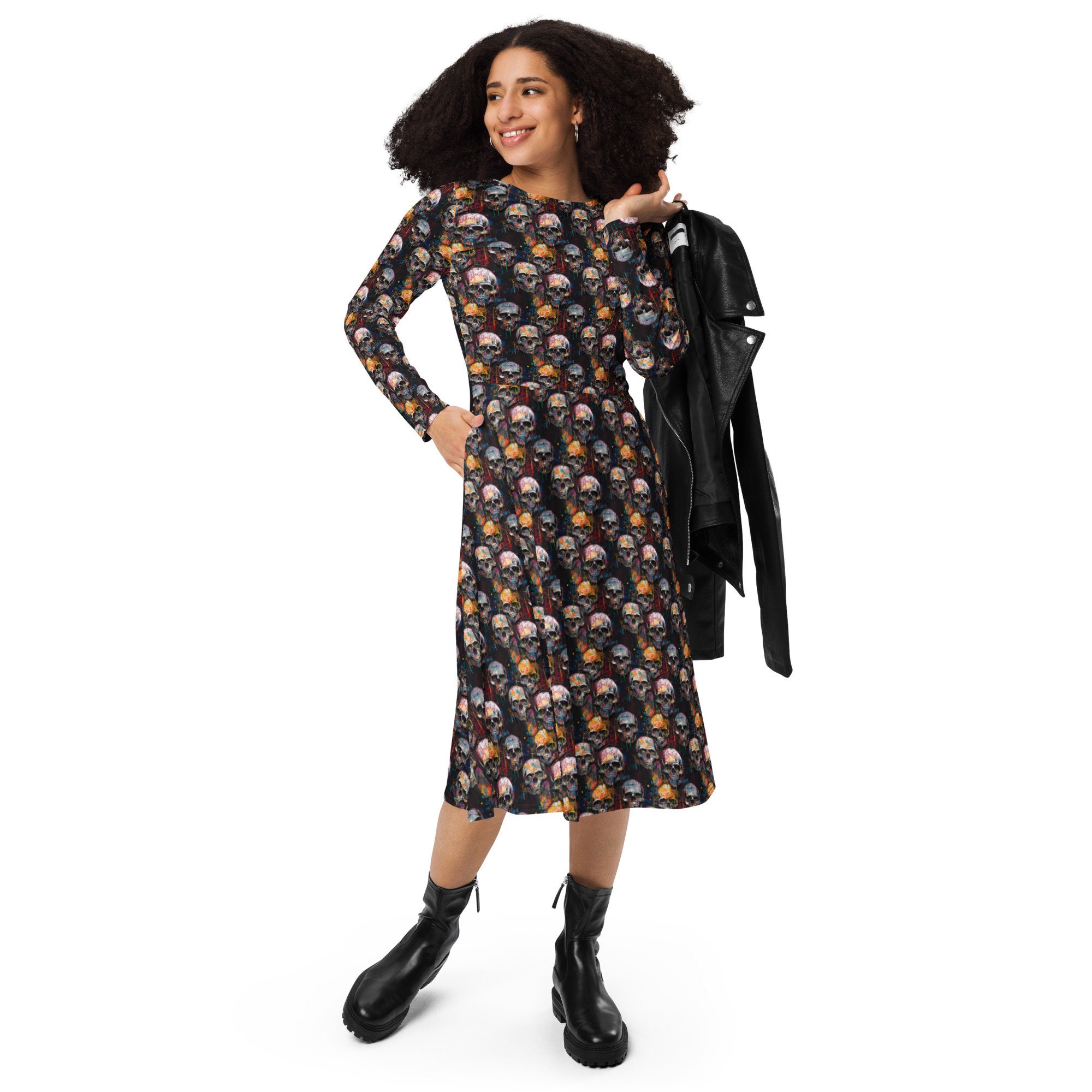 Goth Clothing, Gothic Long Sleeve Midi Dress With Pockets, Grunge Dress ...