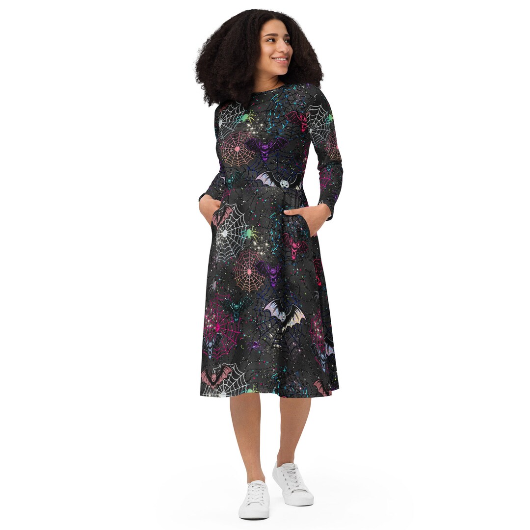 Goth Cottagecore Long Sleeve Midi Dress With Pockets, Women's Alt ...