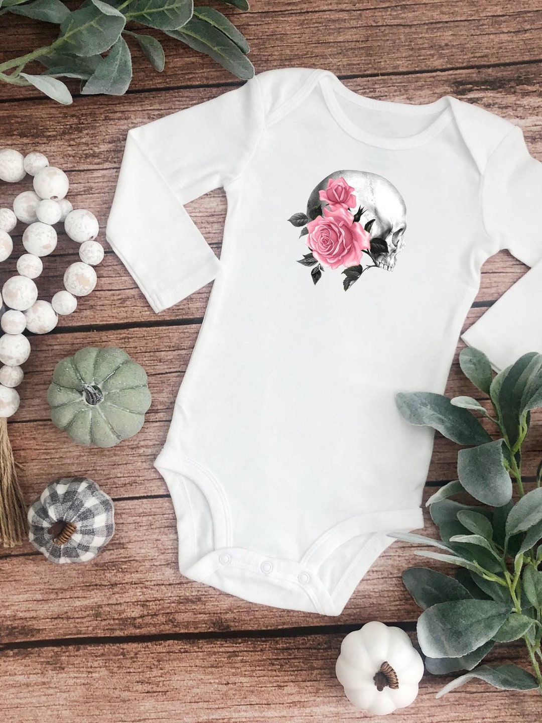 Goth Baby Skull and Rose Bodysuit, Gothic Baby Clothes, Long Sleeve ...