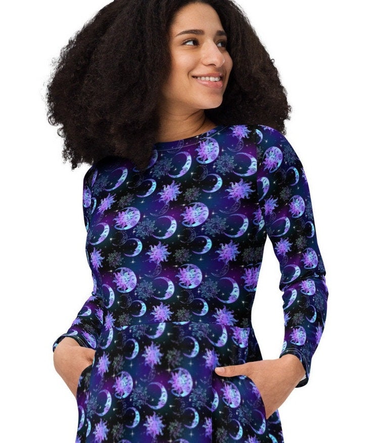 Celestial Long Sleeve Midi Dress With Pockets, Witchy Dress, Sun Moon Stars Dress, Celestial ...