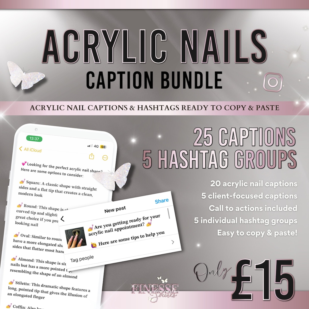 Acrylic Nails Caption Bundle for Instagram 25 Captions & 5 Hashtag ...