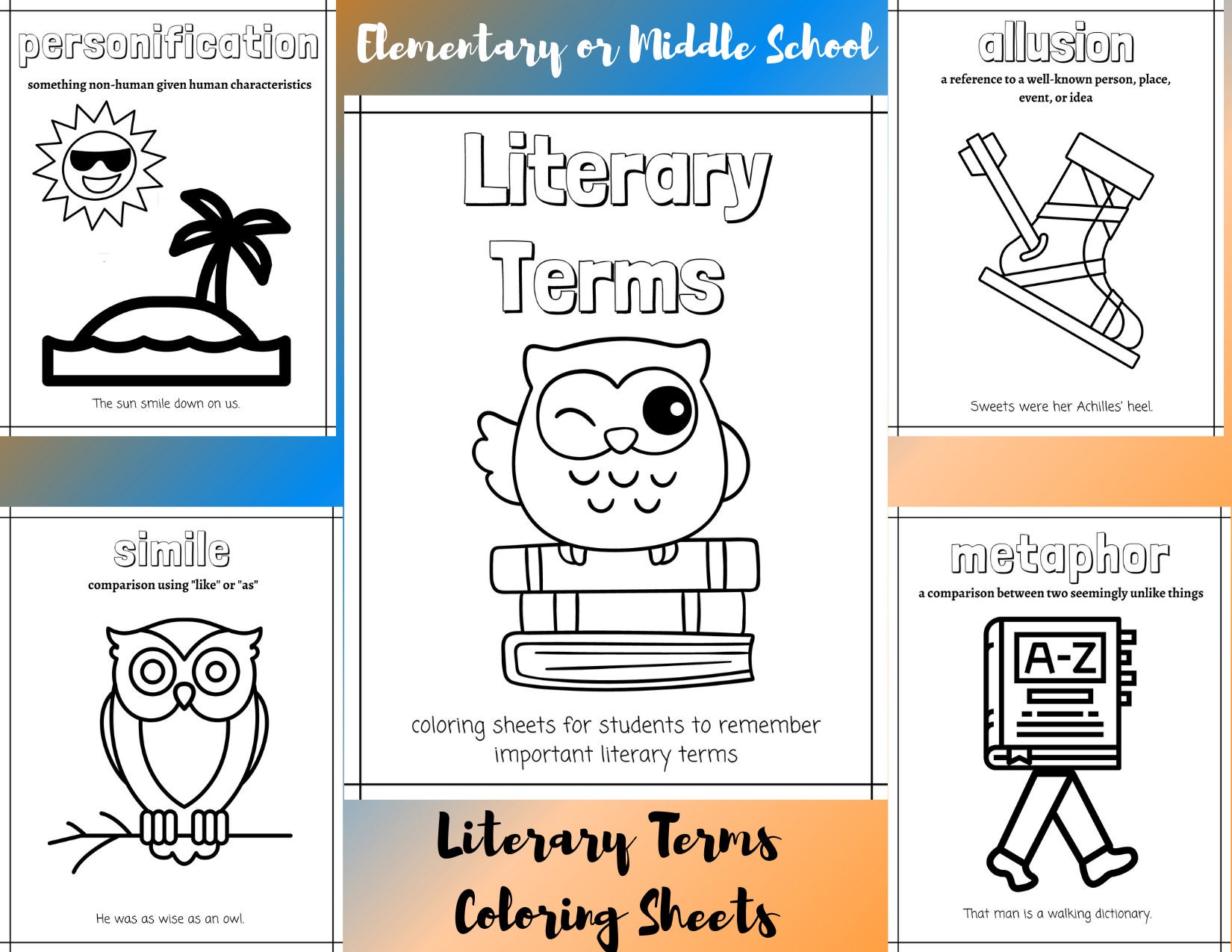 Literary Terms Coloring Sheets-perfect for Elementary or Middle School ...