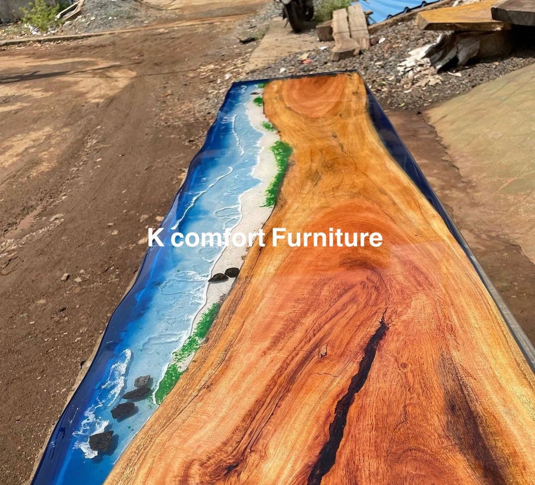 Blue Ocean Sea Table, Live Edge Wooden Table , Epoxy Ocean River Table ...