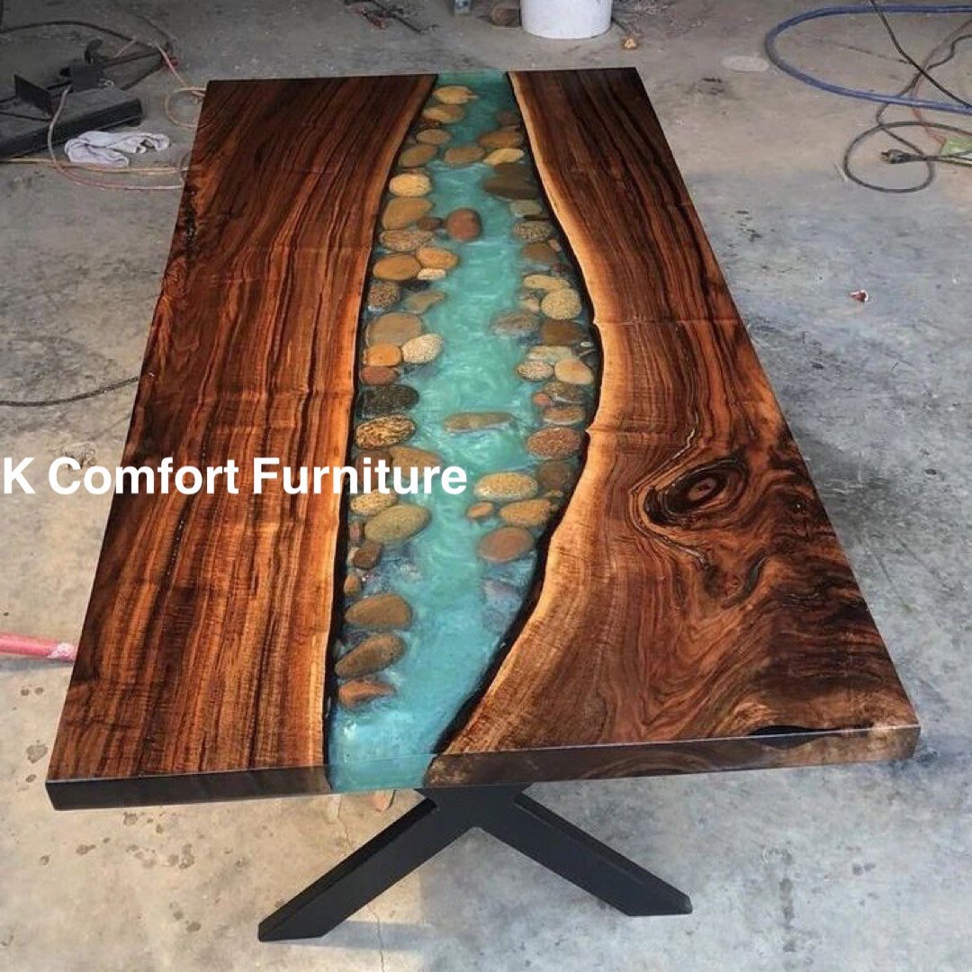 Stone Epoxy Table, Live Edge Wooden Table, Epoxy Ocean River , Natural ...