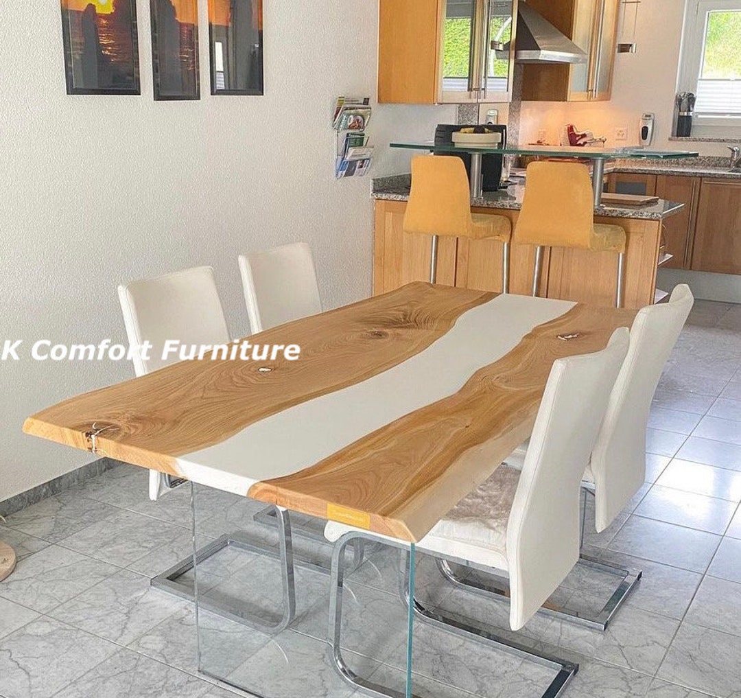 White Epoxy Dining Table, Live Edge Wooden Table, Epoxy River , Natural ...