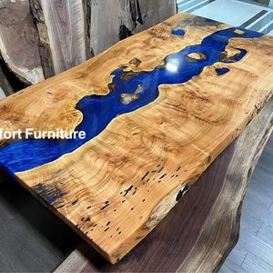 Deep Blue Epoxy Table, Live Edge Table , Epoxy Ocean River , Natural ...