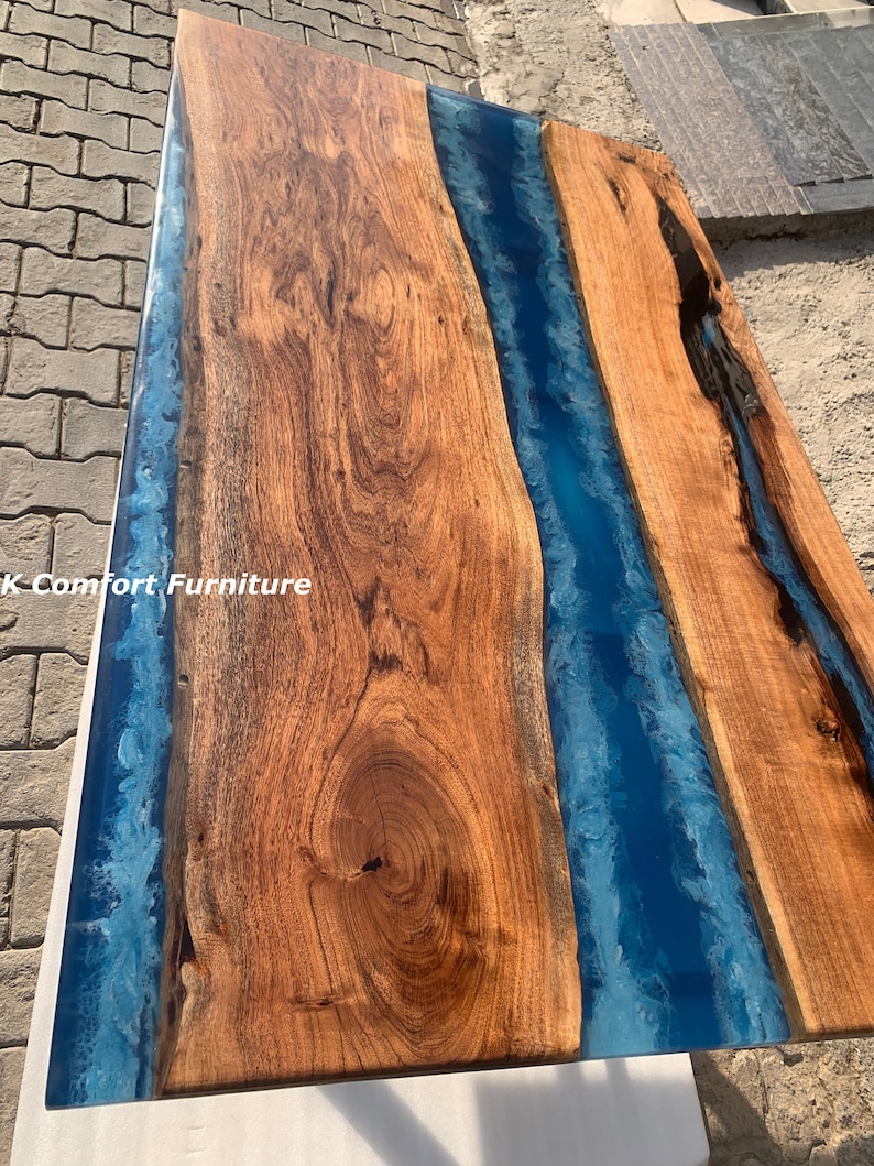 Blue Epoxy River Table / Live Edge Wooden Table / Epoxy Ocean River ...