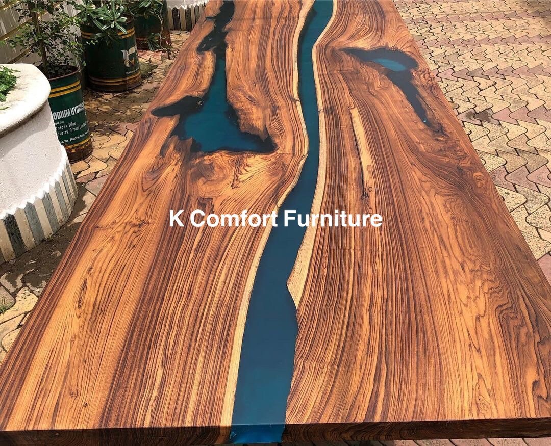 Blue Dining Epoxy Table, Live Edge Table , Epoxy Ocean River , Natural ...