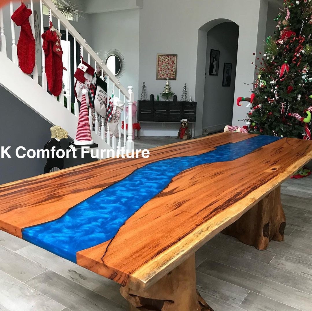 Swirl Blue Epoxy Table, Live Edge Table , Epoxy Ocean River, Natural ...
