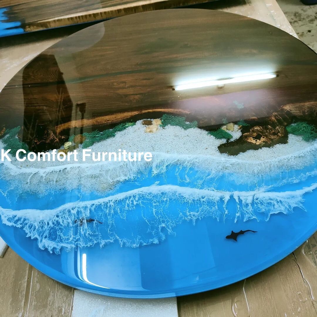 Ocean Blue Round Epoxy Table/ Live Edge Wooden Table/ Sea Epoxy Table ...