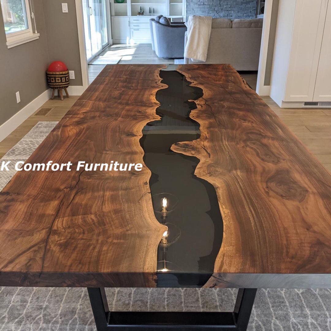 Black Crystal Clear Epoxy Table, Live Edge Wooden Table, Epoxy Ocean ...