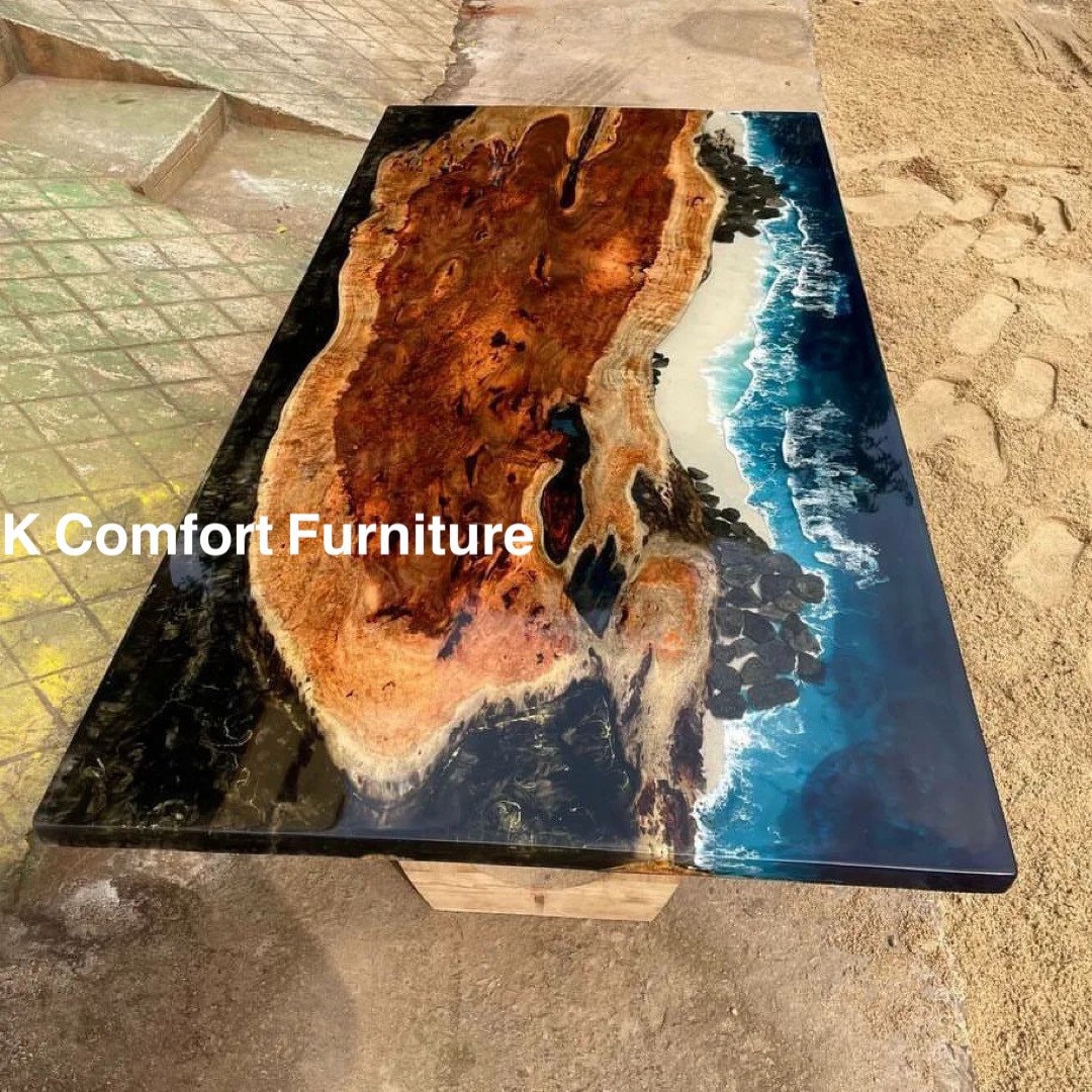 Sea Waves Epoxy Table, Live Edge Table, Epoxy Ocean Table, Natural Wood ...