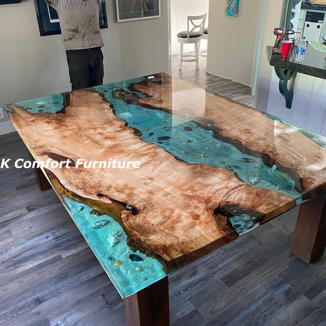 Sea Epoxy Table, Live Edge Wooden Table, Epoxy Ocean River , Natural ...