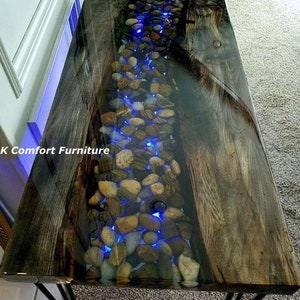 Stone Epoxy Table/ Live Edge Wooden Table/ Epoxy Ocean River/ Natural ...