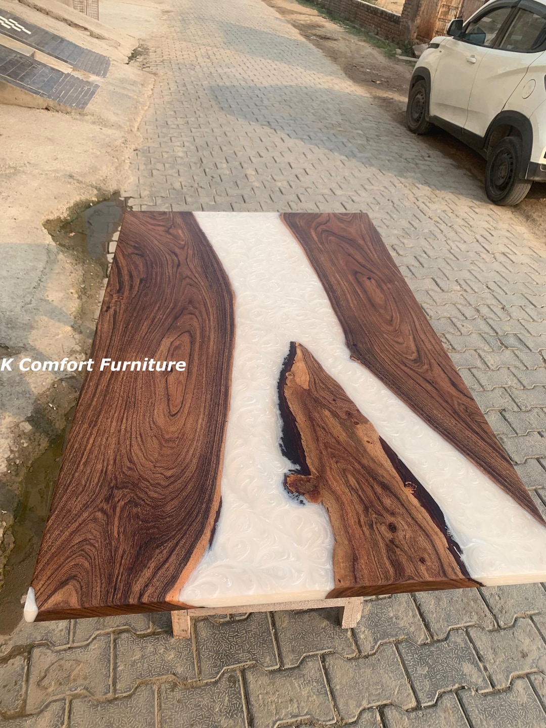 White Epoxy Table/ Live Edge Wooden Table/ Epoxy River Table/ Natural ...