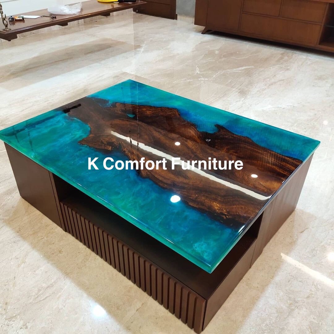 Turquoise Epoxy Table/ Live Edge Wooden Table/ Epoxy Ocean River Table ...