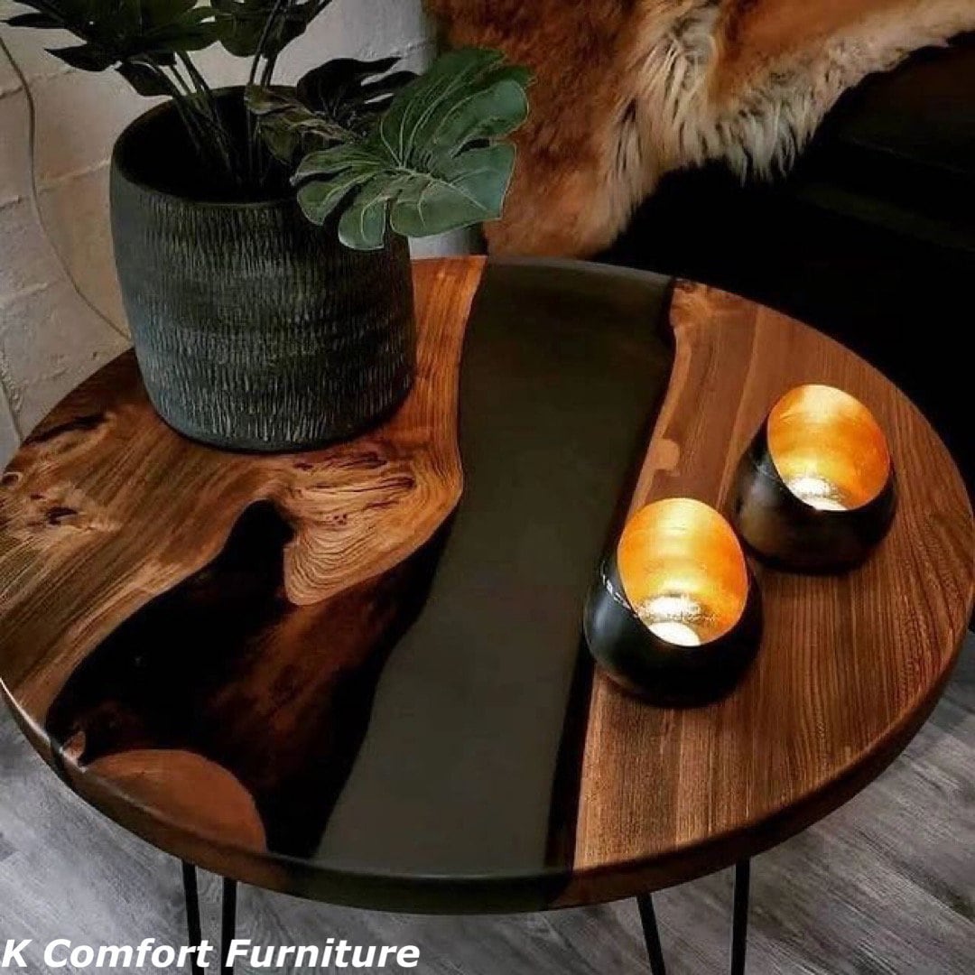 Black Round Resin Table/ Live Edge Wooden Table/ Epoxy Ocean River ...