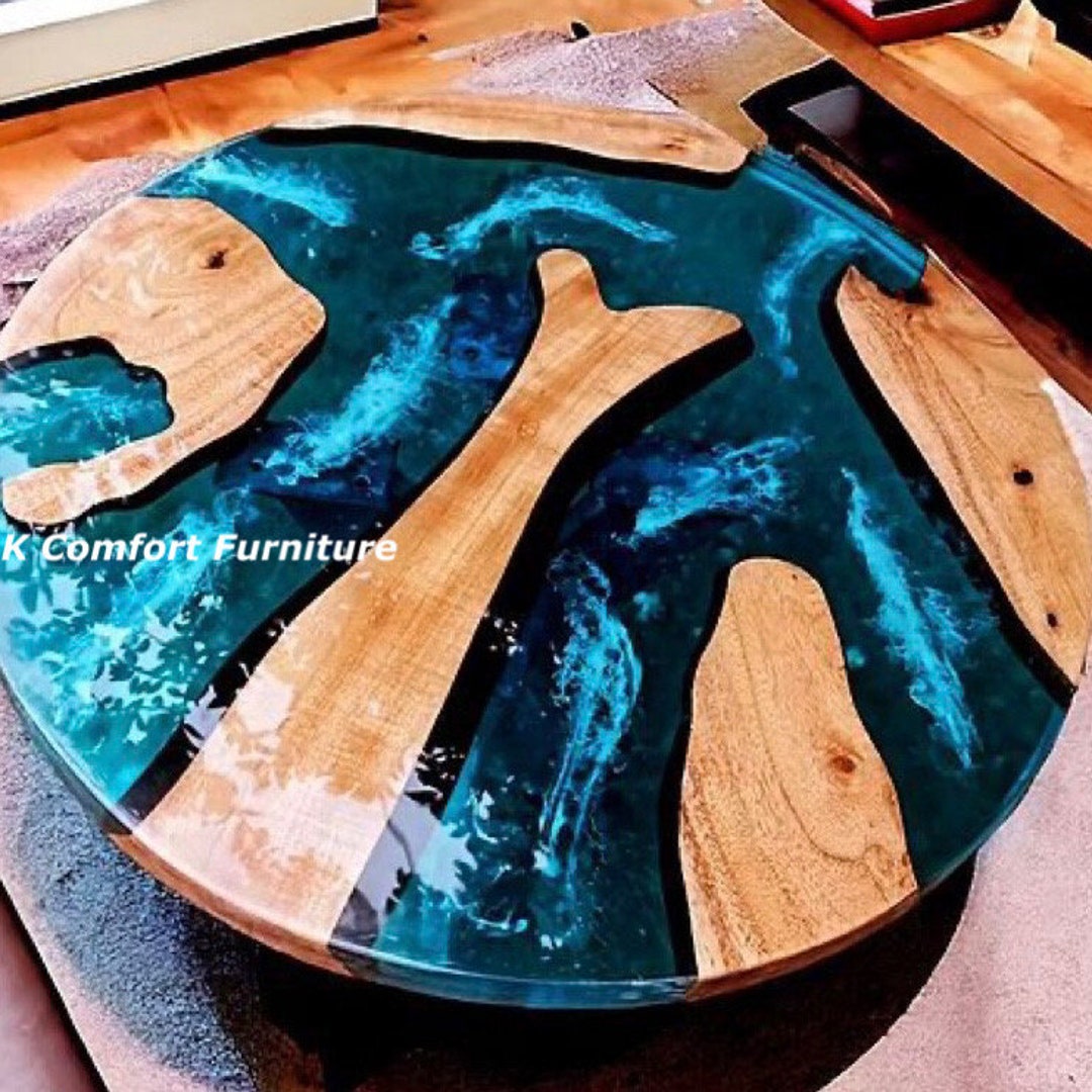 Blue Luxury Round Epoxy River Table/ Live Edge Wooden Table/ Epoxy ...