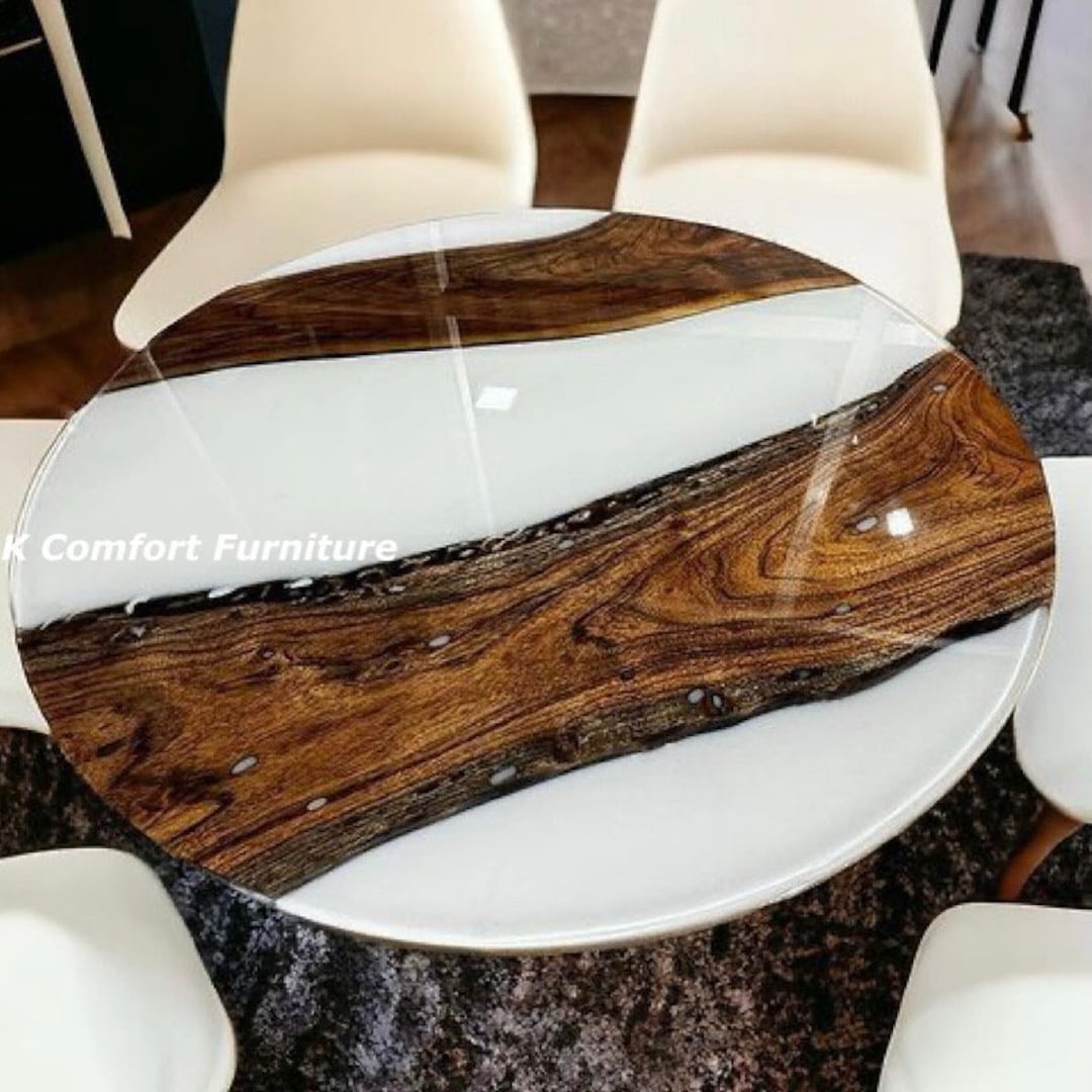 Luxury White Round Epoxy Table/ Live Edge Wooden Table/ Epoxy Ocean ...