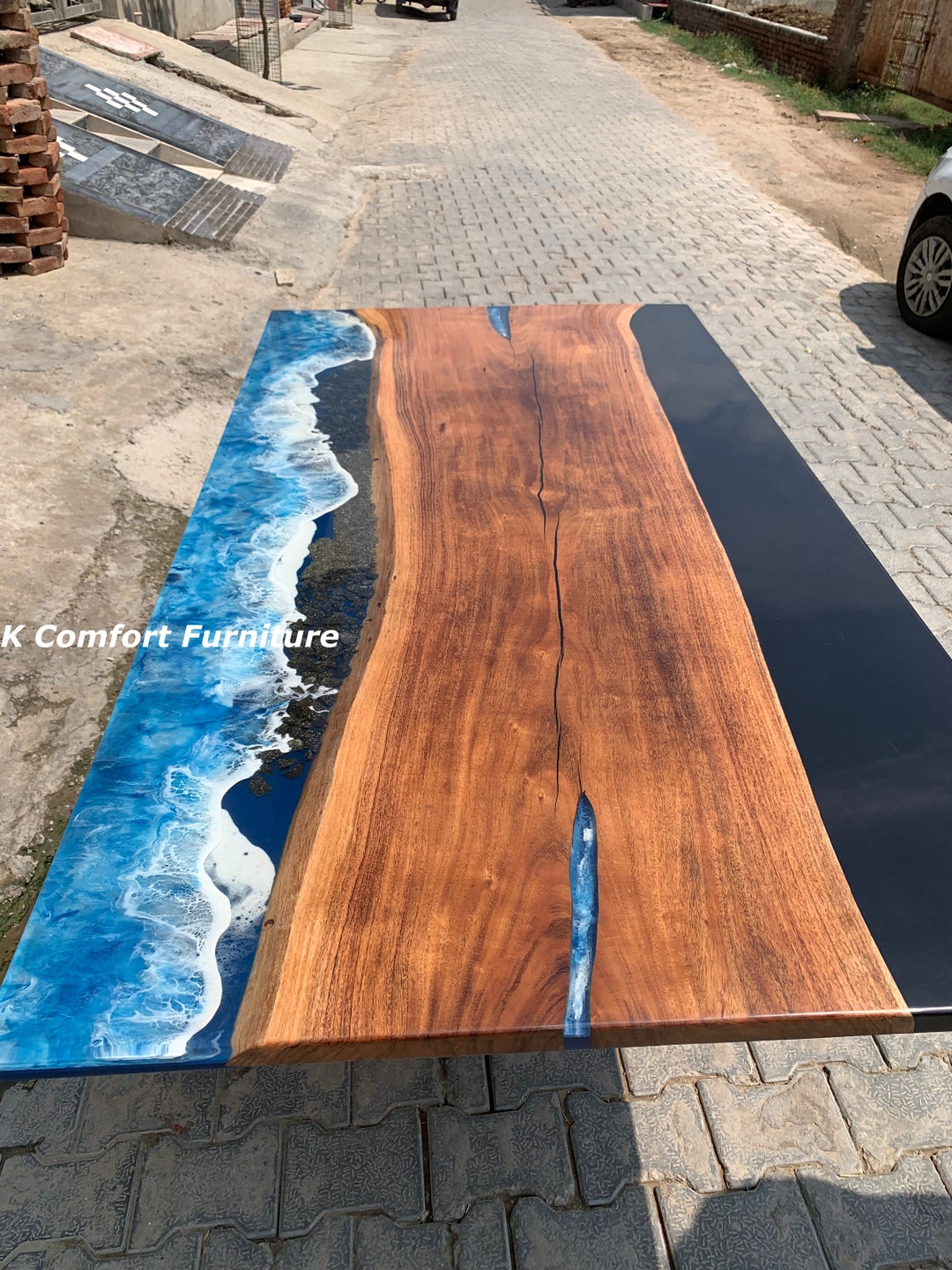 Sea Waves Table / Live Edge Wooden Table / Epoxy Waves Table / Natural ...