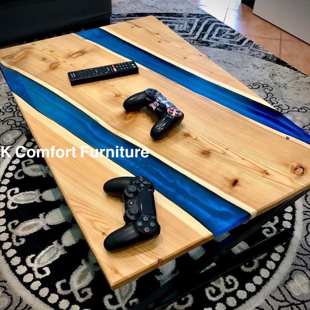 Blue Luxury Epoxy Table, Live Edge Wooden Table, Epoxy Ocean River ...